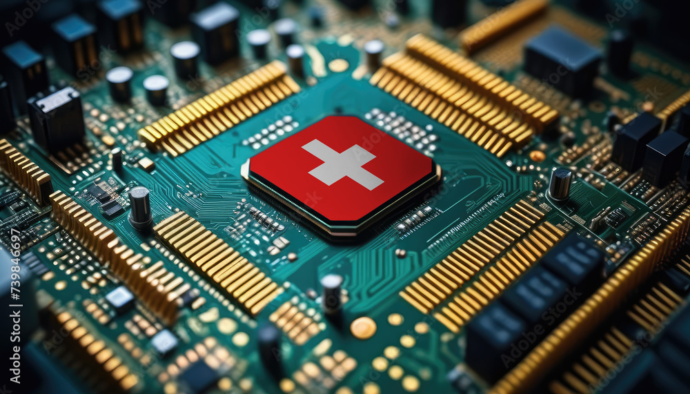 Switzerland flag on a processor, CPU or microchip on a motherboard ...