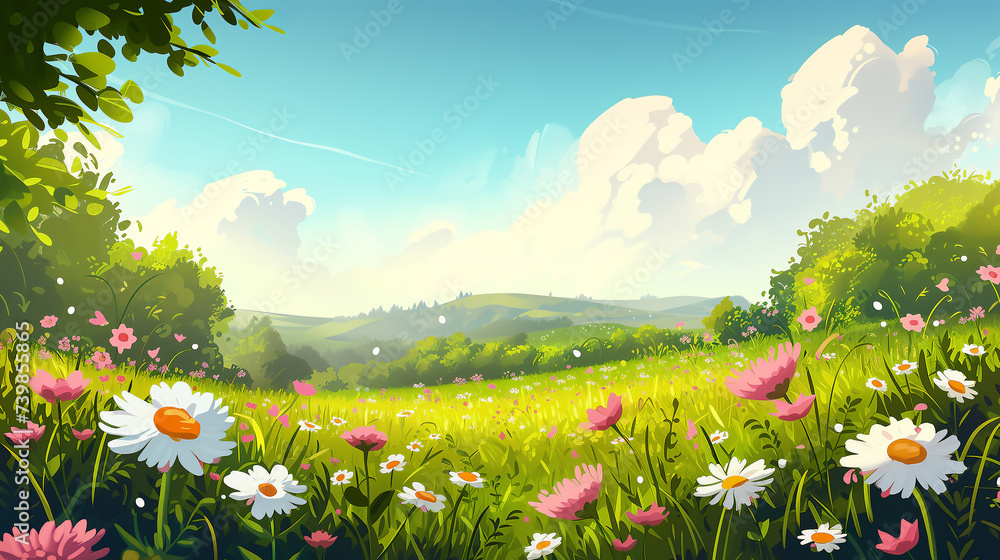 Cartoon meadow spring country meadow landscape background of a ...