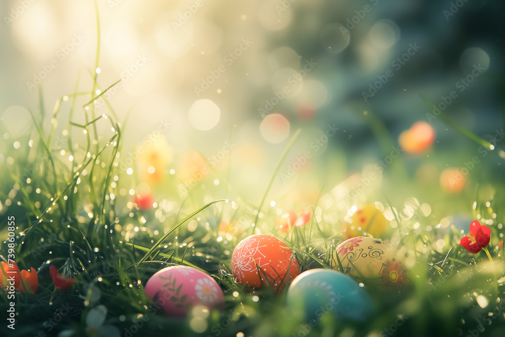 Easter eggs with spring flowers and drops of dew on green Grass ...