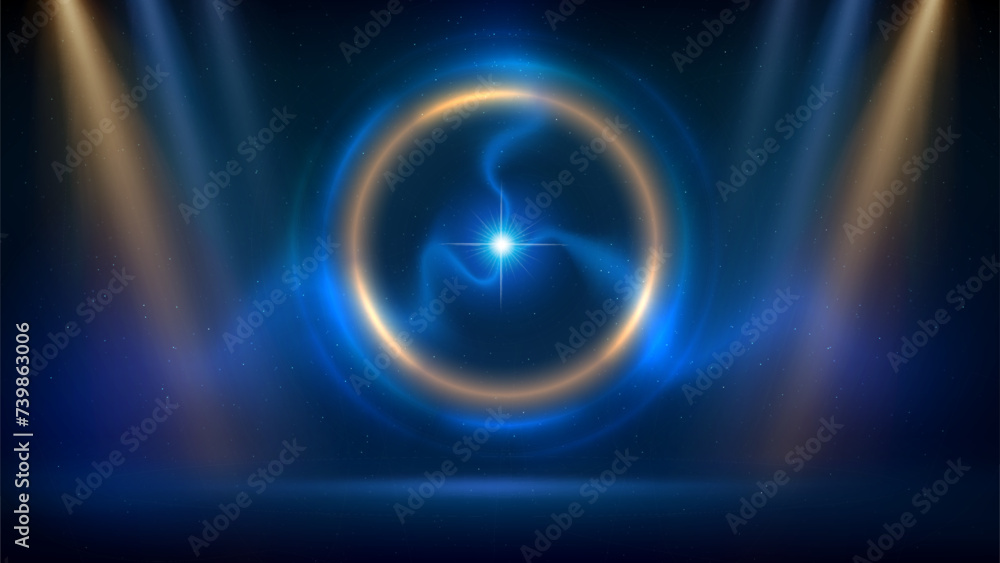 Golden, blue spotlight backdrop. Stage with golden blue circular ...