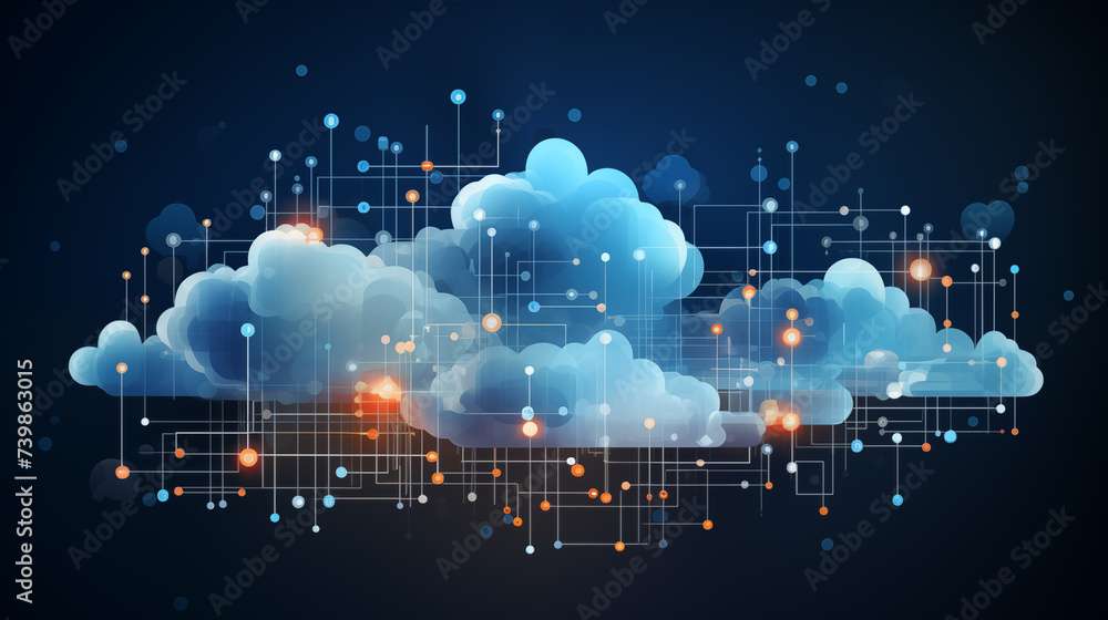 Foto de Cloud computing background image. Fluffy blue clouds with circuit of illuminated data ...