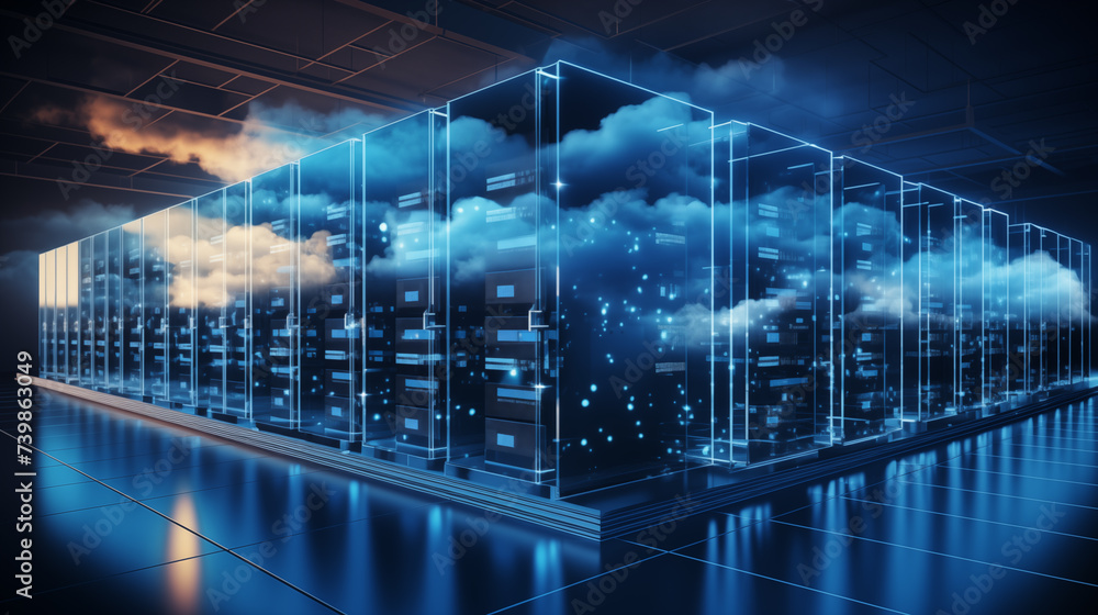 Cloud storage technology background image. Ethereal data center with ...