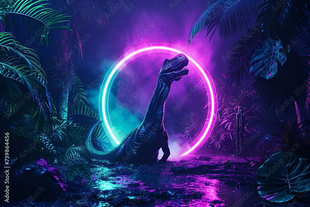Dinosaur Dino T-rex in neon tropical jungle on pink background, 3d ...