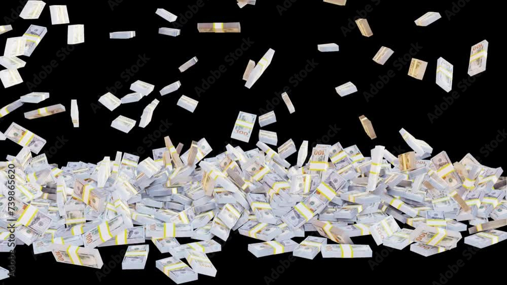 Stacks of falling dollars. Alpha channel PNG codec (only original 4K ...
