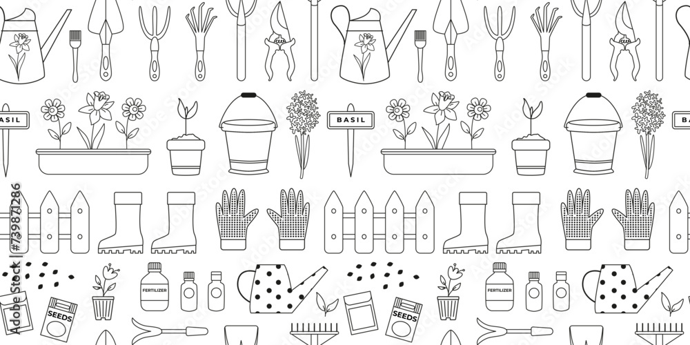 Outline gardening and planting seamless pattern. Spring farming. Garden ...