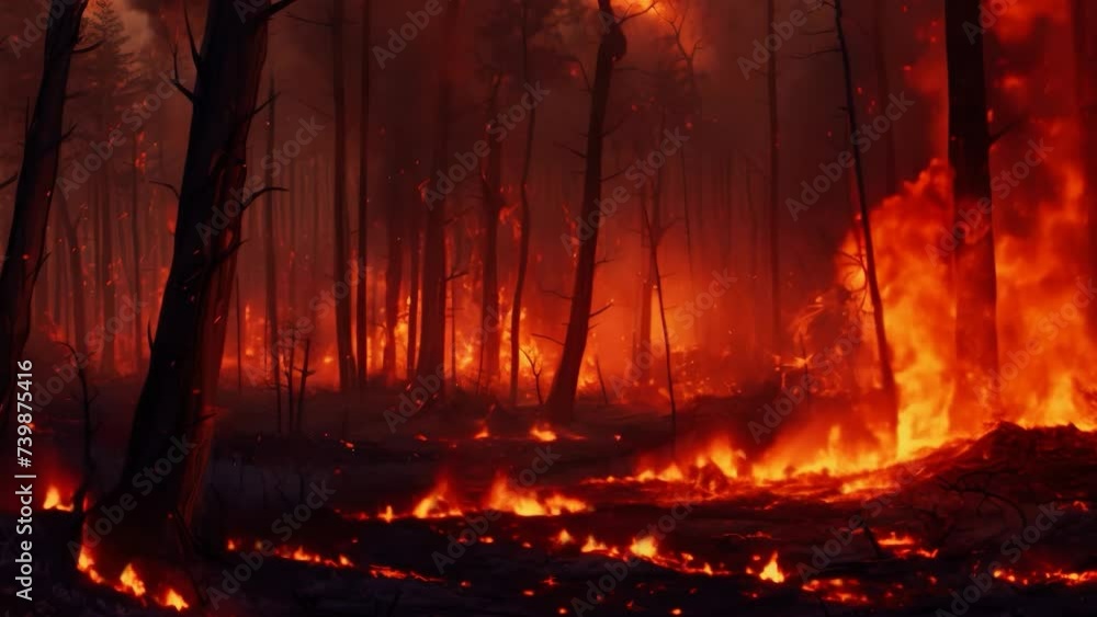Wild forest fire. Flames enveloped the forest. A natural disaster of ...