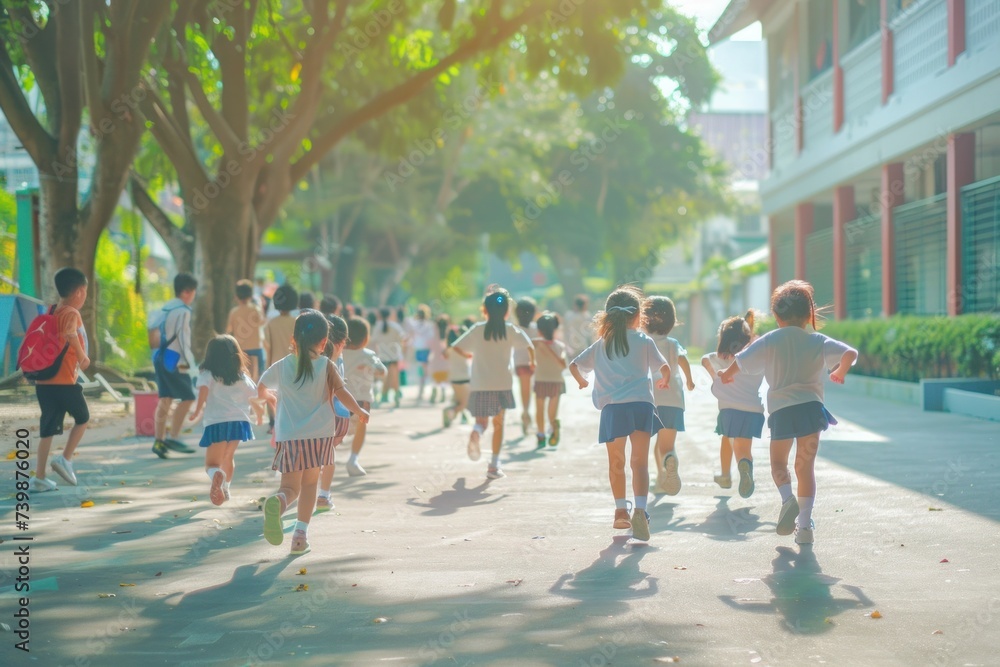 Blurred picture of a group of elementary school children running into a ...