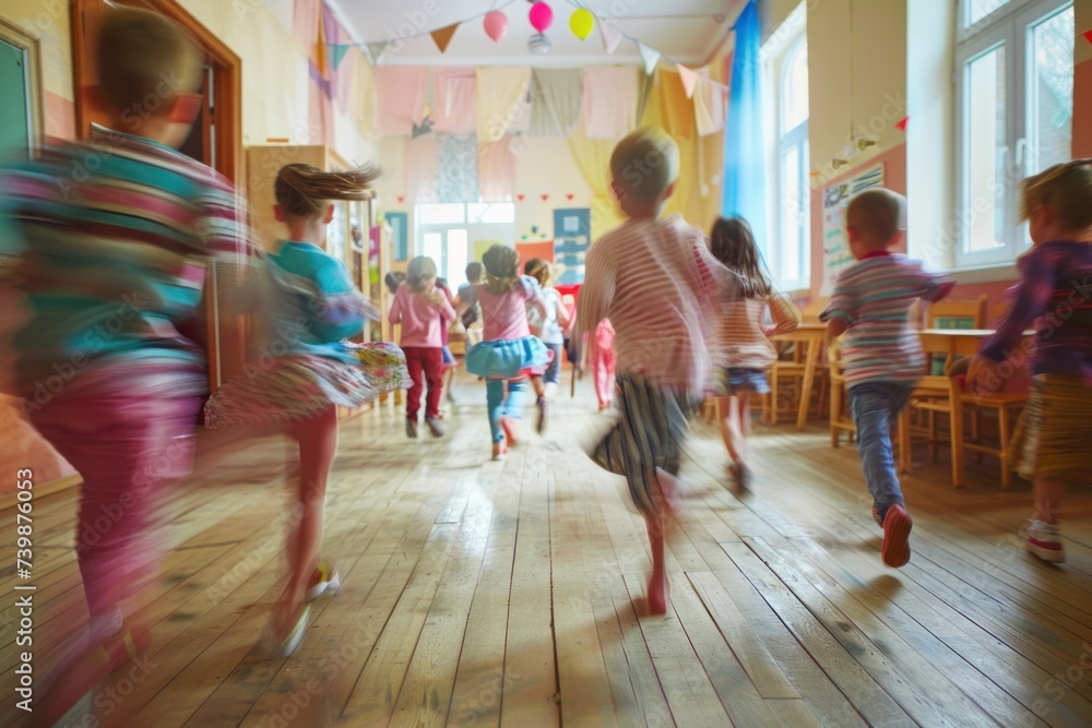 Blurred picture of a group of elementary school children running into a ...