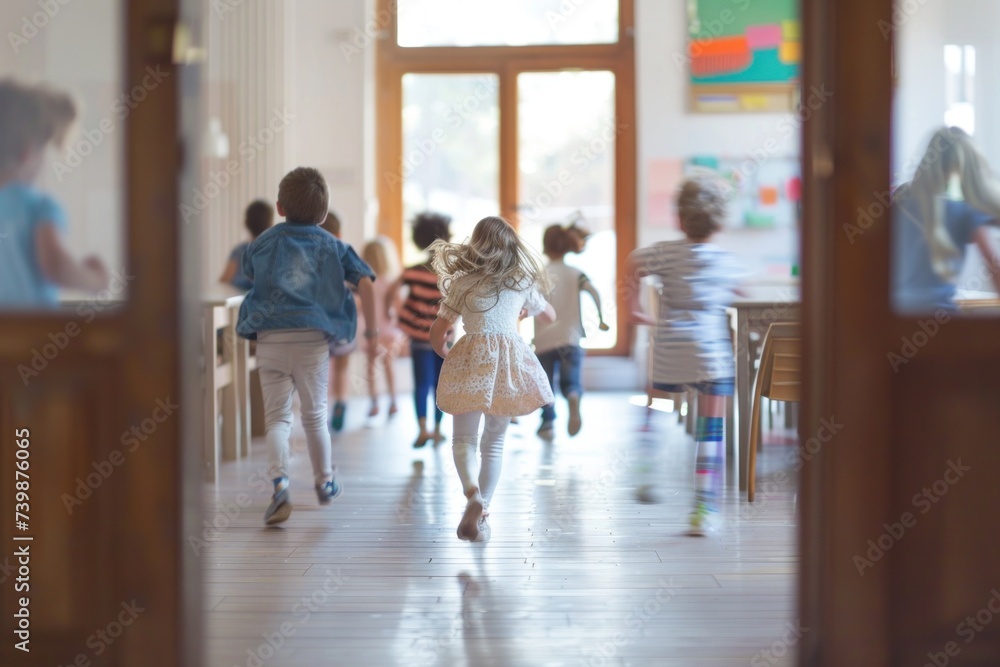Blurred picture of a group of elementary school children running into a ...