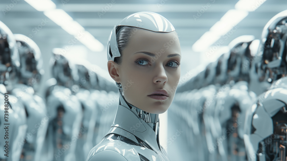 Pristine female robot stands out in robotic assembly portrait image ...