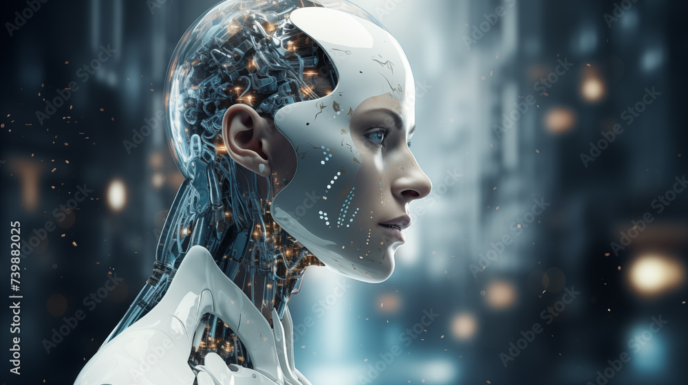 Sleek female robot profile with internal wiring visible portrait image ...