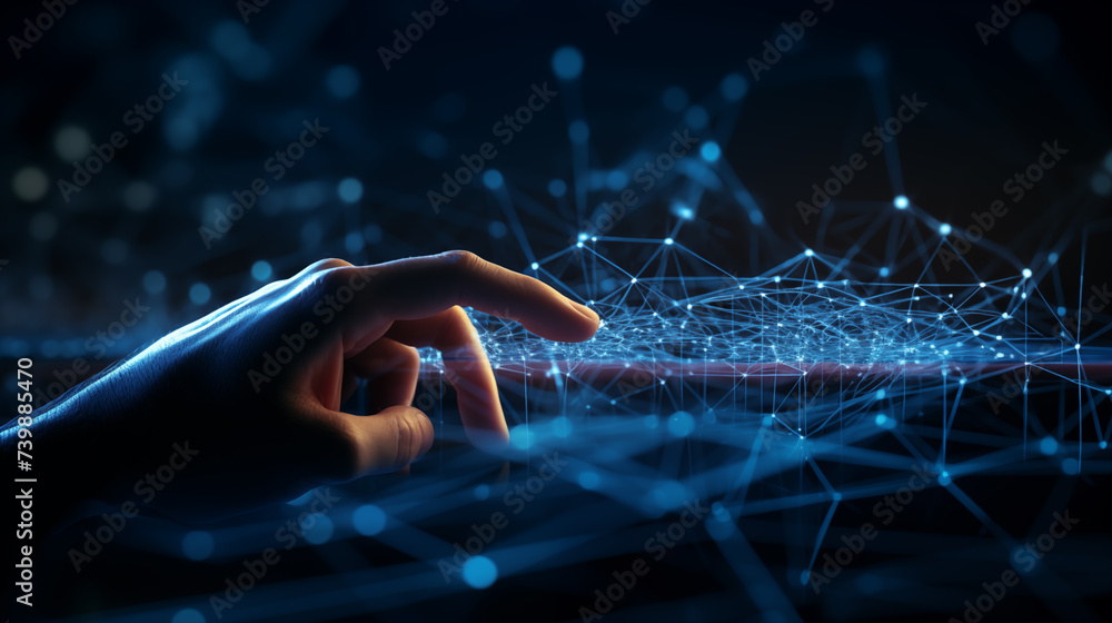 Hand interacting with virtual network image background. Connected nodes ...