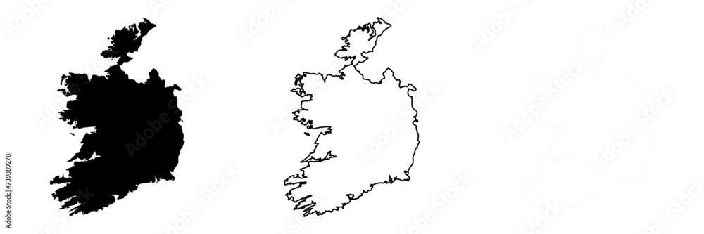 Ireland country silhouette. Set of 3 high detailed maps. Solid black ...