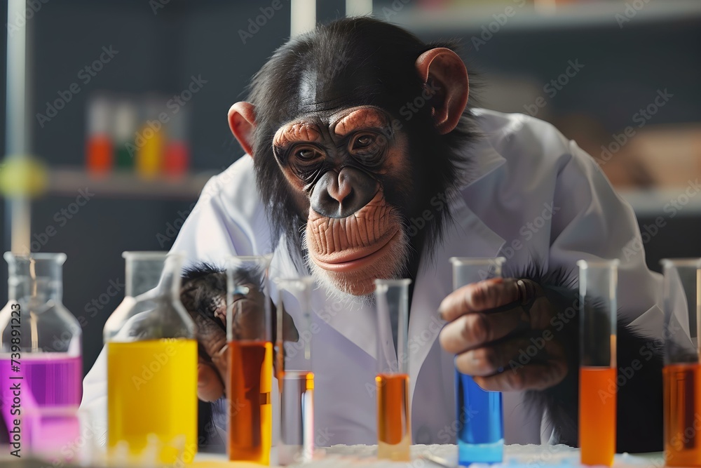 Humorous chimpanzee in science lab coat conducting experiments with ...