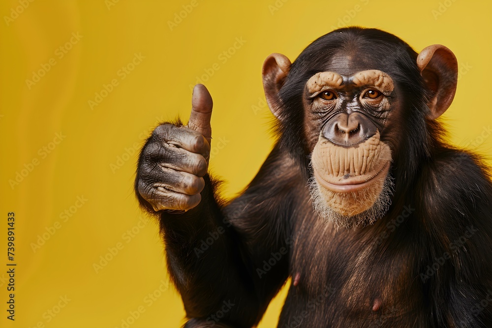 Happy monkey gives thumbs up in approval on yellow background Banner ...