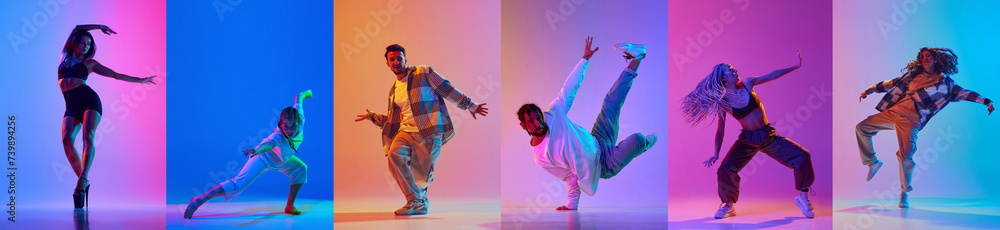 Collage made of photos of dancers dancing in different styles in motion ...