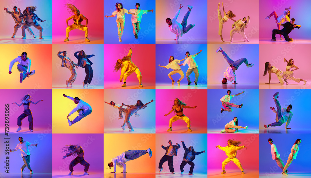 Collage. Dynamic studio portraits of artistic people dancing in ...