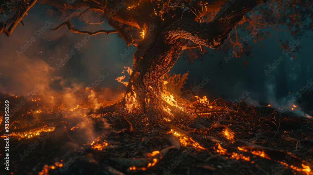 Burning tree. Fire in the forest at night. Natural disaster. Fire and ...