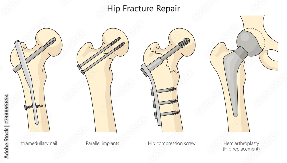 hip fracture treatment repair diagram hand drawn schematic raster ...