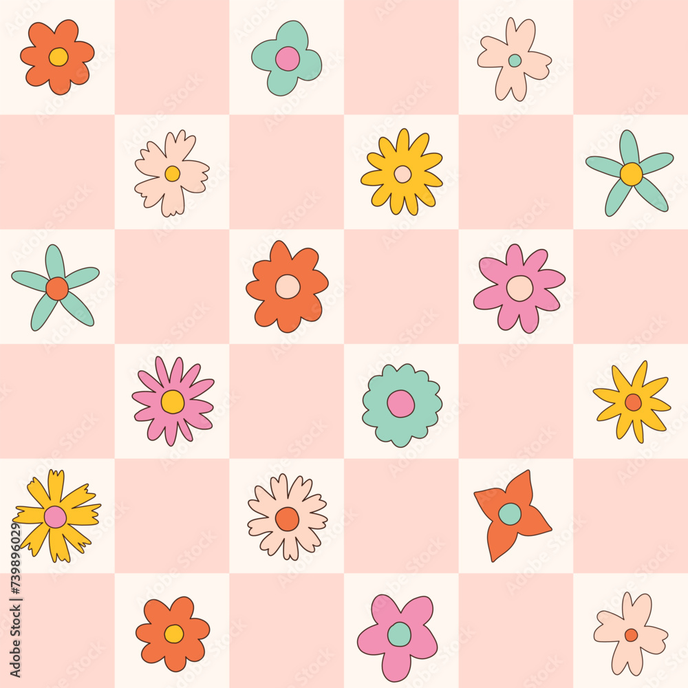 Floral pattern in the style of the 70s with groovy daisy flowers. Retro ...