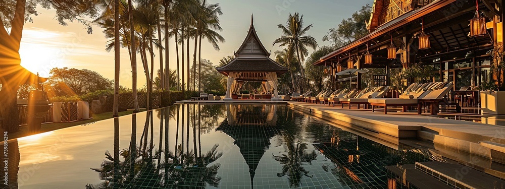Pool patio and hotel room with a tall pitched pagoda roof at the deluxe ...