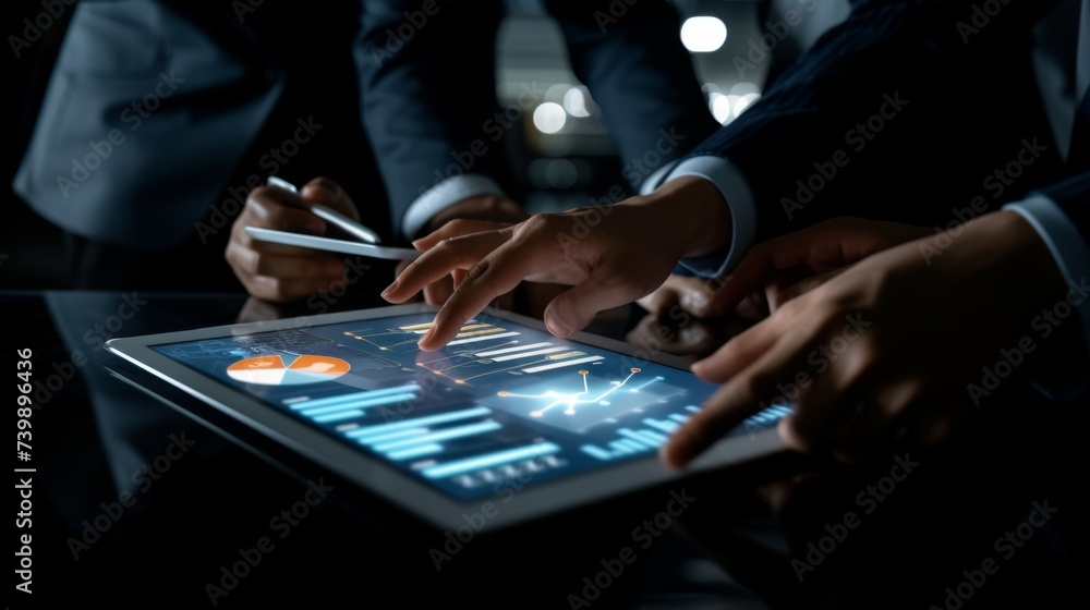 Business people, data analysis with tablet and paperwork, hands with ...