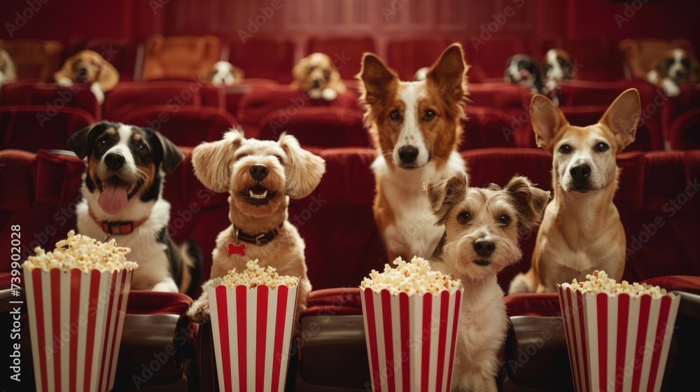 Dogs of different breeds sit on red chairs in a movie theater with ...