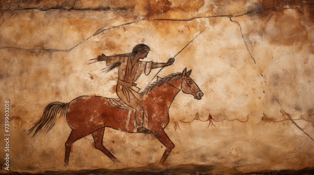 ancient art in rock of primitive humans riding horses throwing arrows ...