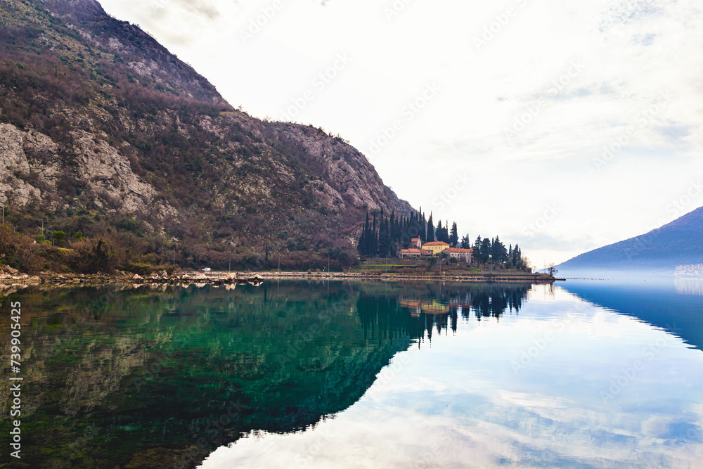 Banja Monastery between Risan and Perast. Morning mist and beautiful ...