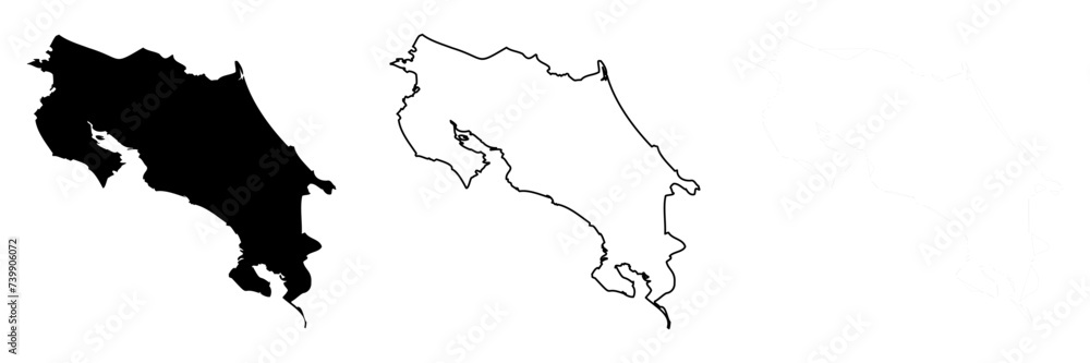 Costa Rica country silhouette. Set of 3 high detailed maps. Solid black ...