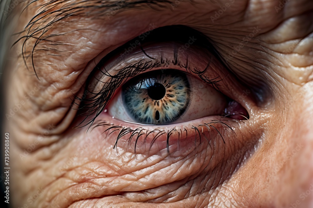 Macro photography of old woman's eyes, grandmother with wrinkled skin ...