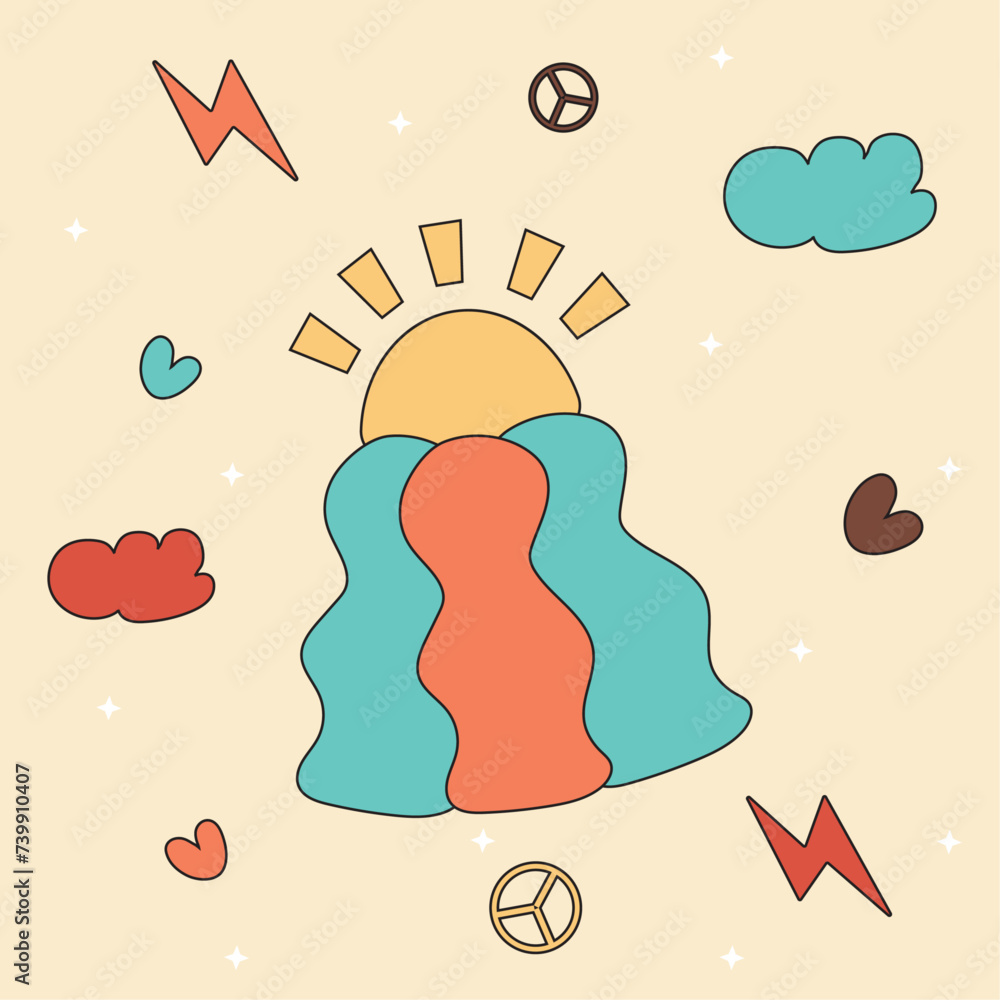 Stickers pack sun, wave, hearts, clouds in retro style with brown, red ...