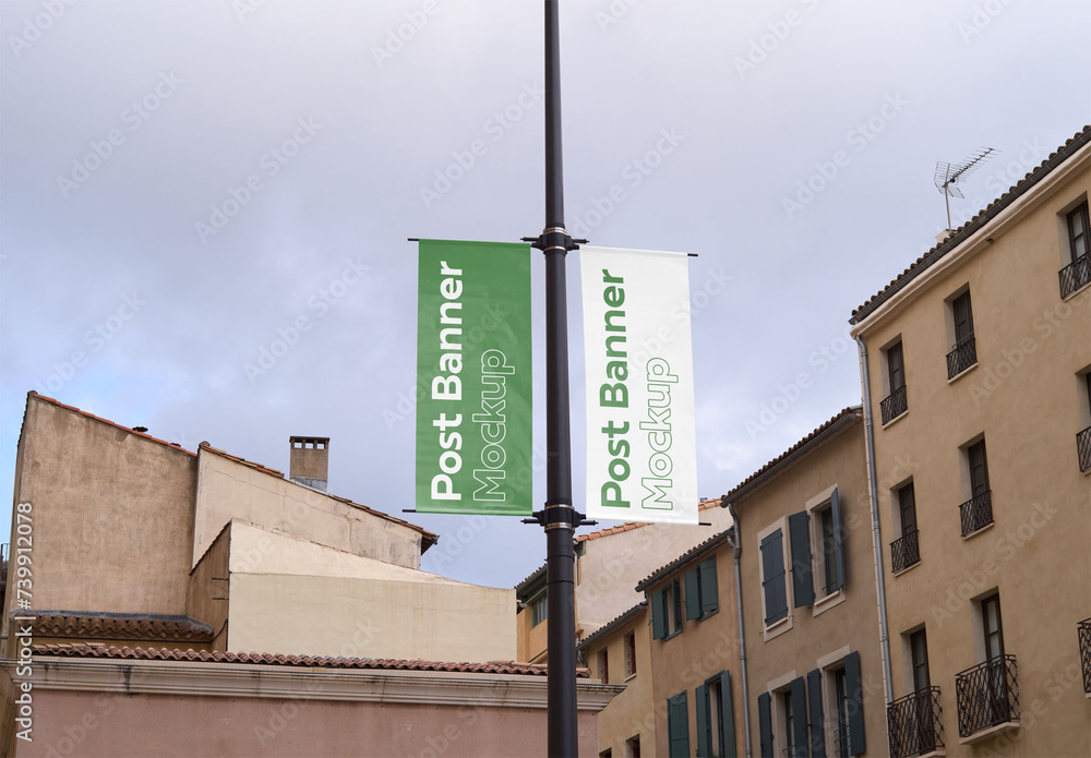 Mockup of customizable banners on lamp post Stock Template | Adobe Stock