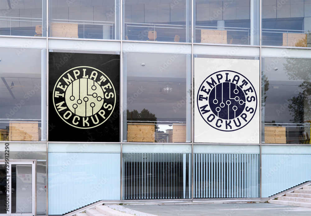 Mockup of customizable vertical signs on windows Stock Template | Adobe ...