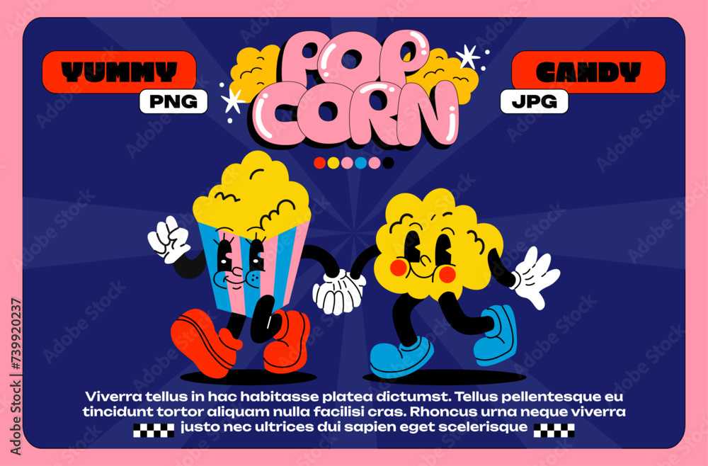 Funny cartoon popcorn character. Trendy bright poster. Vector mascot ...