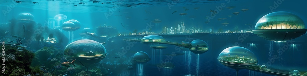 A vision of Earth's future with underwater cities, illuminated domes ...