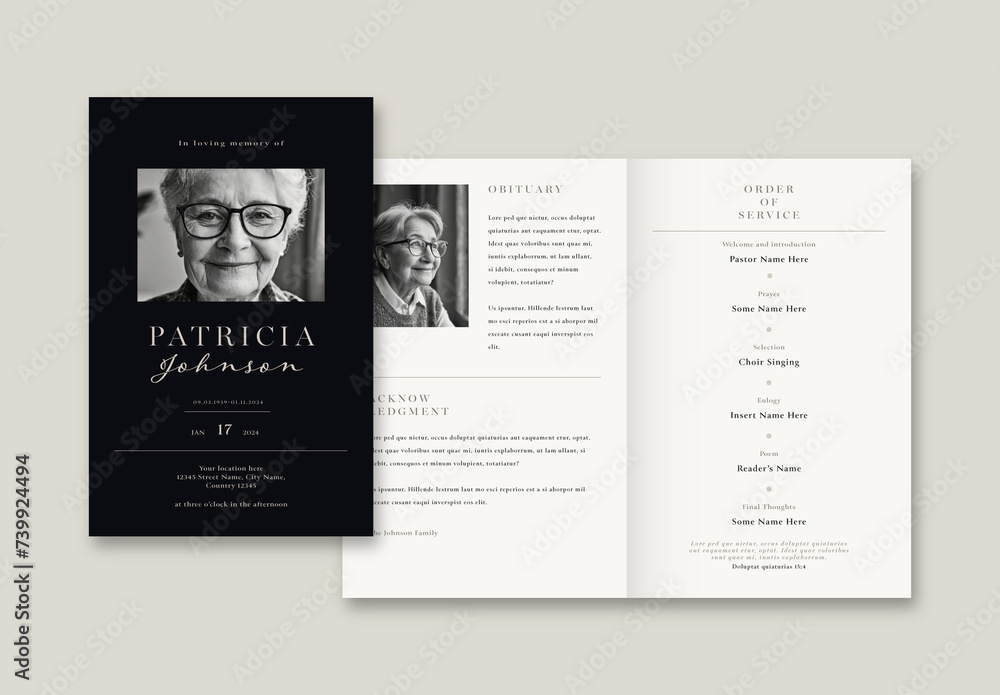 Funeral Program Template with Dark Cover Stock Template | Adobe Stock