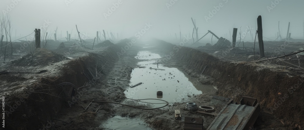 Poster Desolate World War I trenches under a foggy sky, with artifacts ...