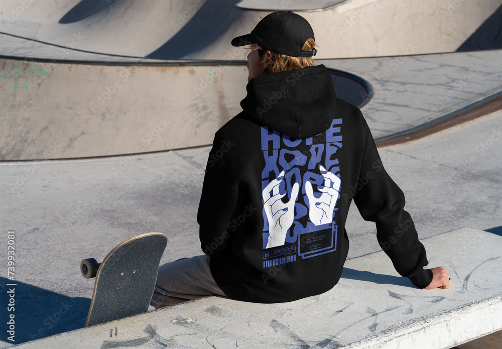 Mockup of skater wearing customizable hoodie in skatepark Stock ...