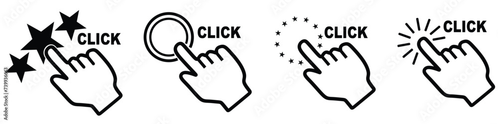 Hand click icon set in line style. Click here, Hand clicking, finger, Touch screen, pointer ...