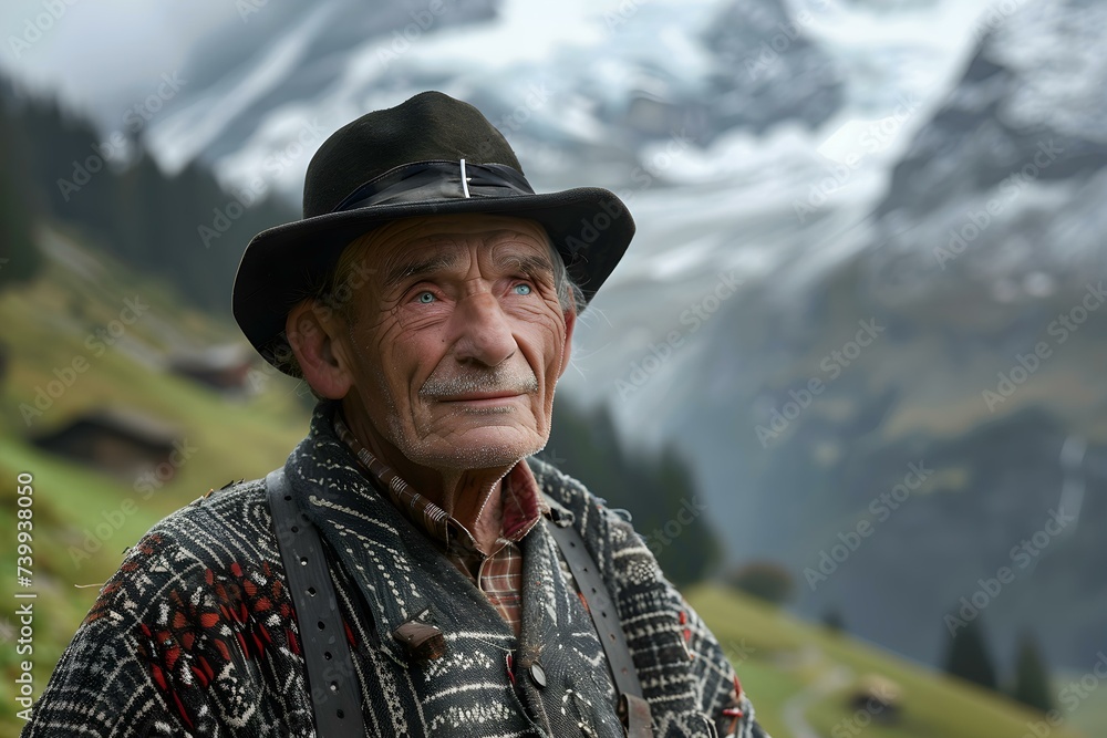 Elderly Swiss man donning traditional attire framed by majestic alpine ...