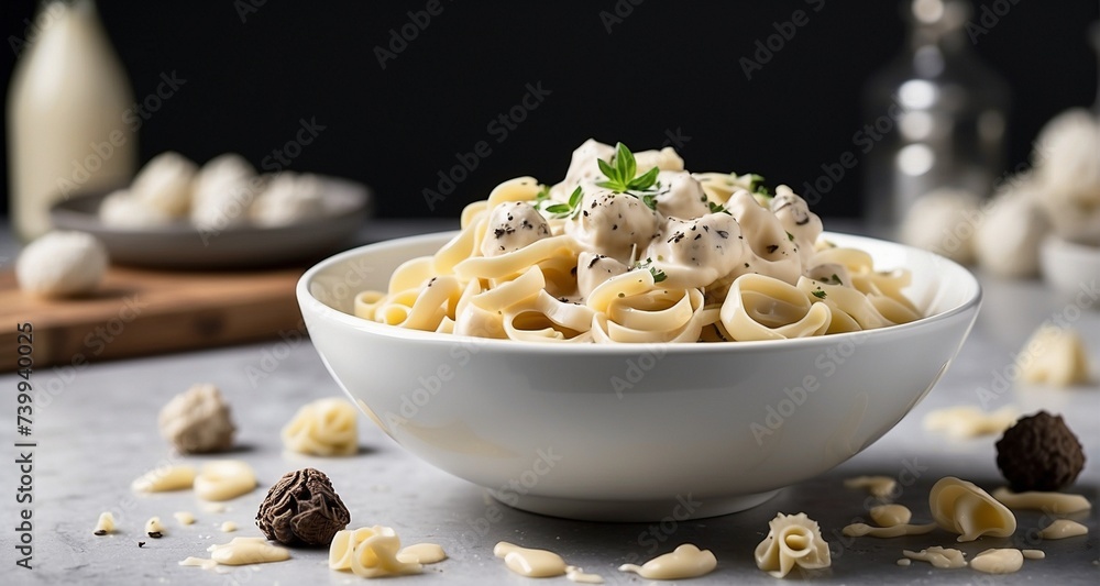 Create a visually striking image of a truffle-infused white sauce pasta ...