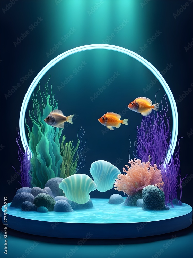 aquarium with fishes; sea theme underwater blue color round empty 3D ...