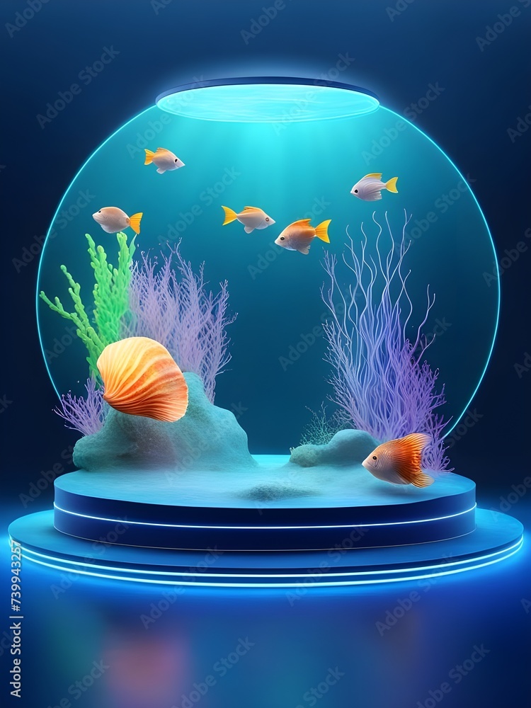 aquarium with fishes; sea theme underwater blue color round empty 3D ...