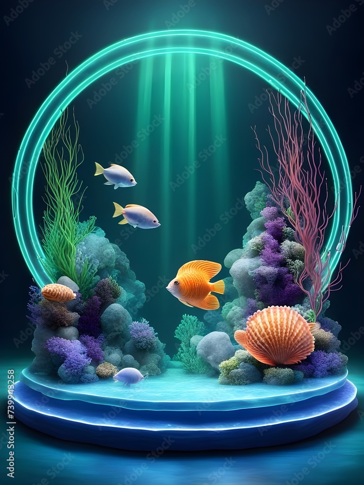aquarium with fishes; sea theme underwater blue color round empty 3D ...