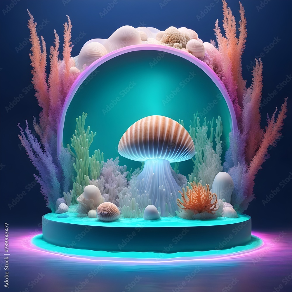 sea theme underwater blue color round empty 3D podium product display ...