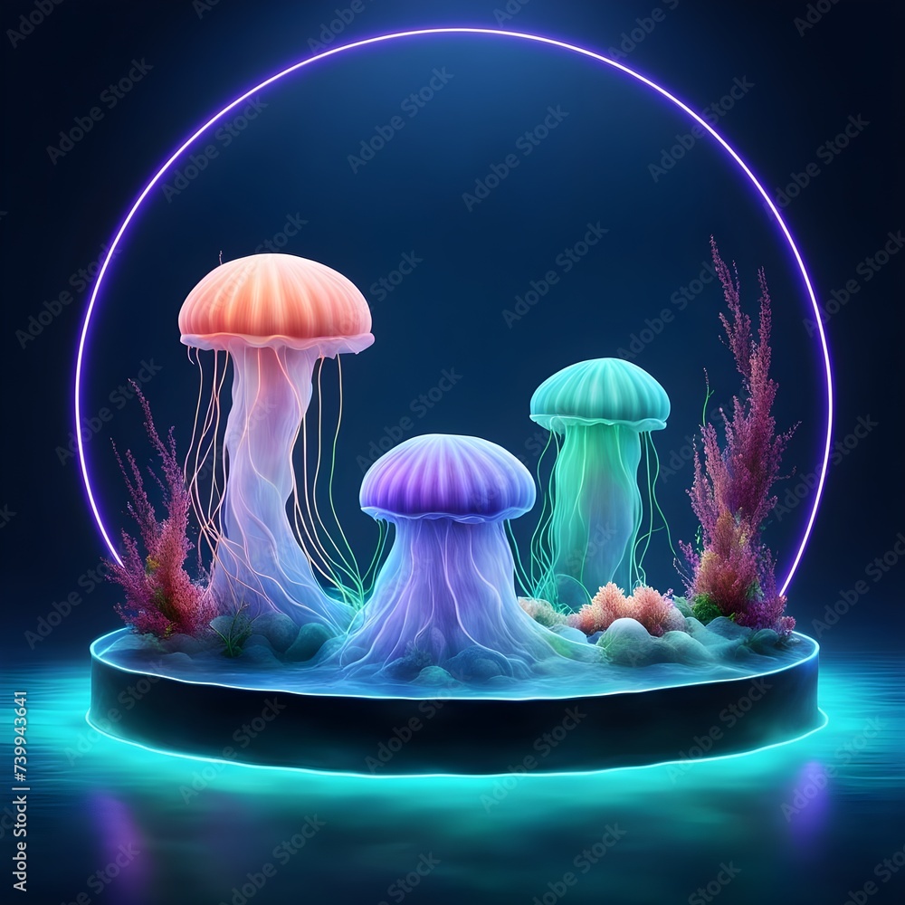 sea theme underwater blue color round empty 3D podium product display ...