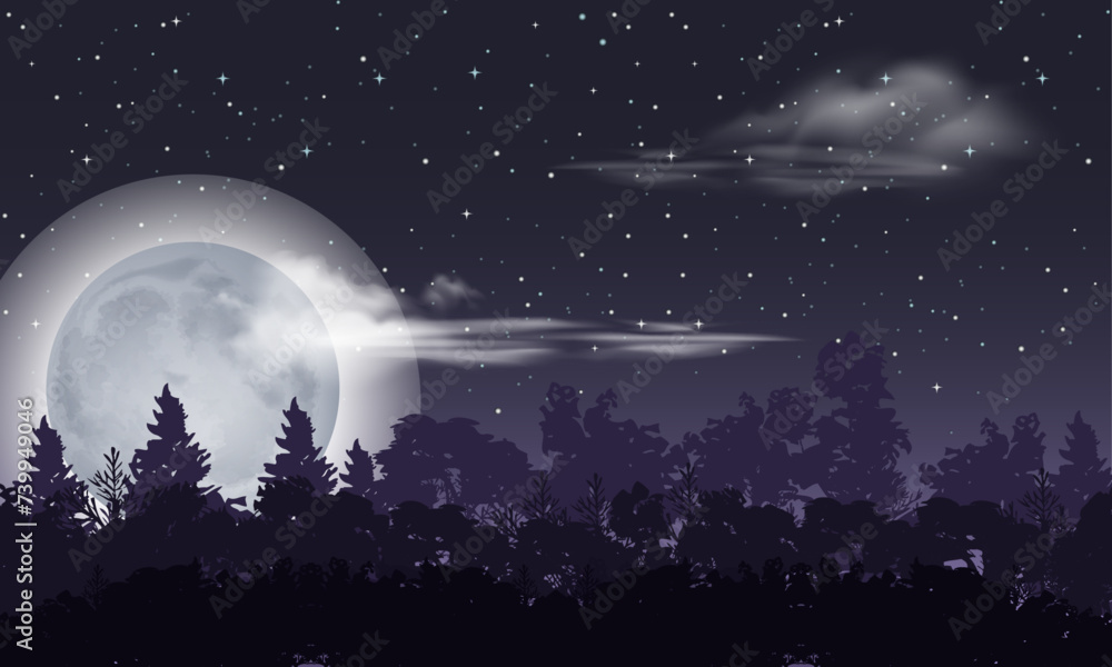 A dark night scene of sky full of stars, cloudy, a big full moon behind ...