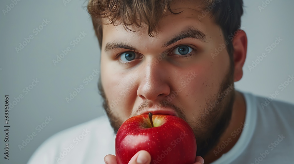 Overweight man eating an apple. Healthy food concept. Ai generated ...