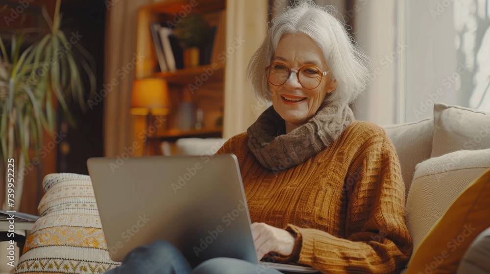 Happy stylish mature old woman remote working from home distance office ...